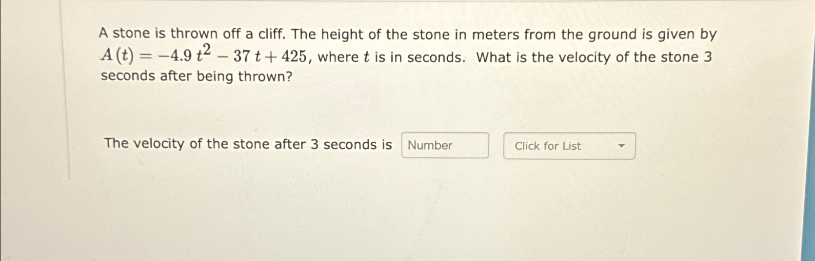 Solved A stone is thrown off a cliff. The height of the | Chegg.com