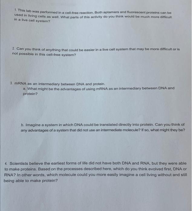 Solved 1. This lab was performed in a cell-free reaction. | Chegg.com
