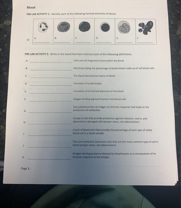Solved Blood PRE-LAB ACTIVITY 1: Identity each of the | Chegg.com