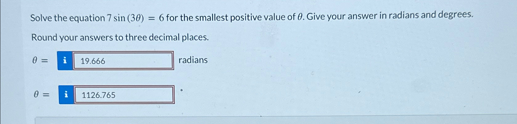 Solved Solve the equation 7sin(3θ)=6 ﻿for the smallest | Chegg.com