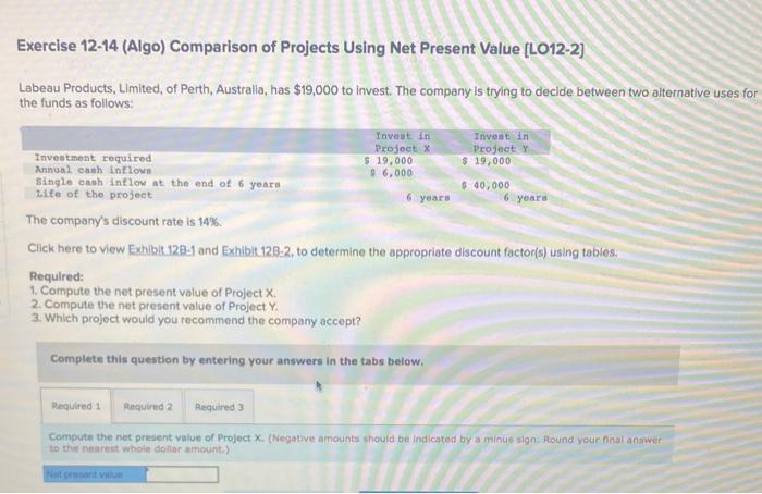 Solved Exercise 12-14 (Algo) Comparison of Projects Using | Chegg.com
