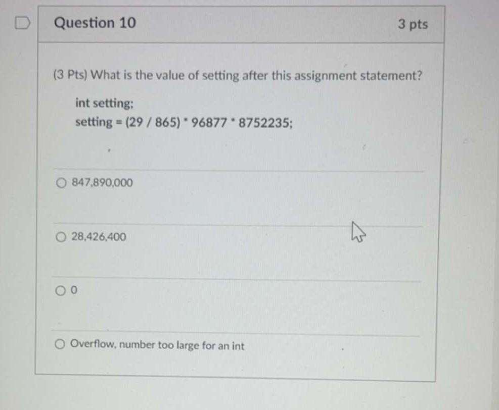 Solved (3 Pts) What is the value of setting after this | Chegg.com