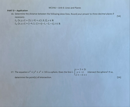 Solved MCV4U - ﻿Unit 6: Lines and PlanesPART D = | Chegg.com