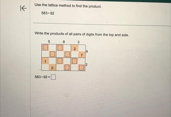 Solved Use the lattice method to find the product. 583⋅92 | Chegg.com