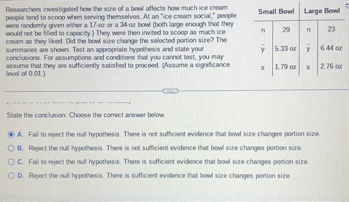 Solved Researchers investigated how the size of a bowl | Chegg.com