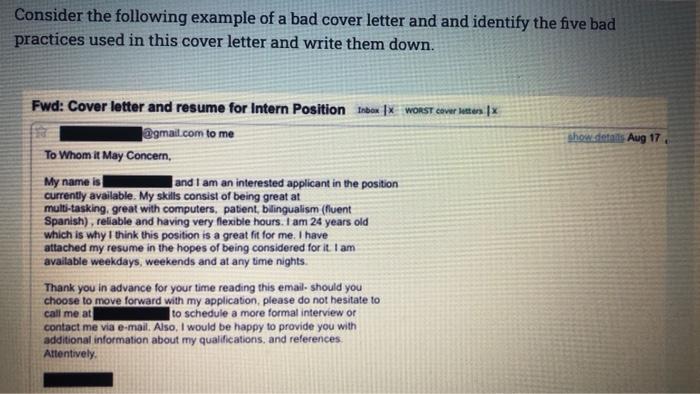 Solved Consider the following example of a bad cover letter | Chegg.com