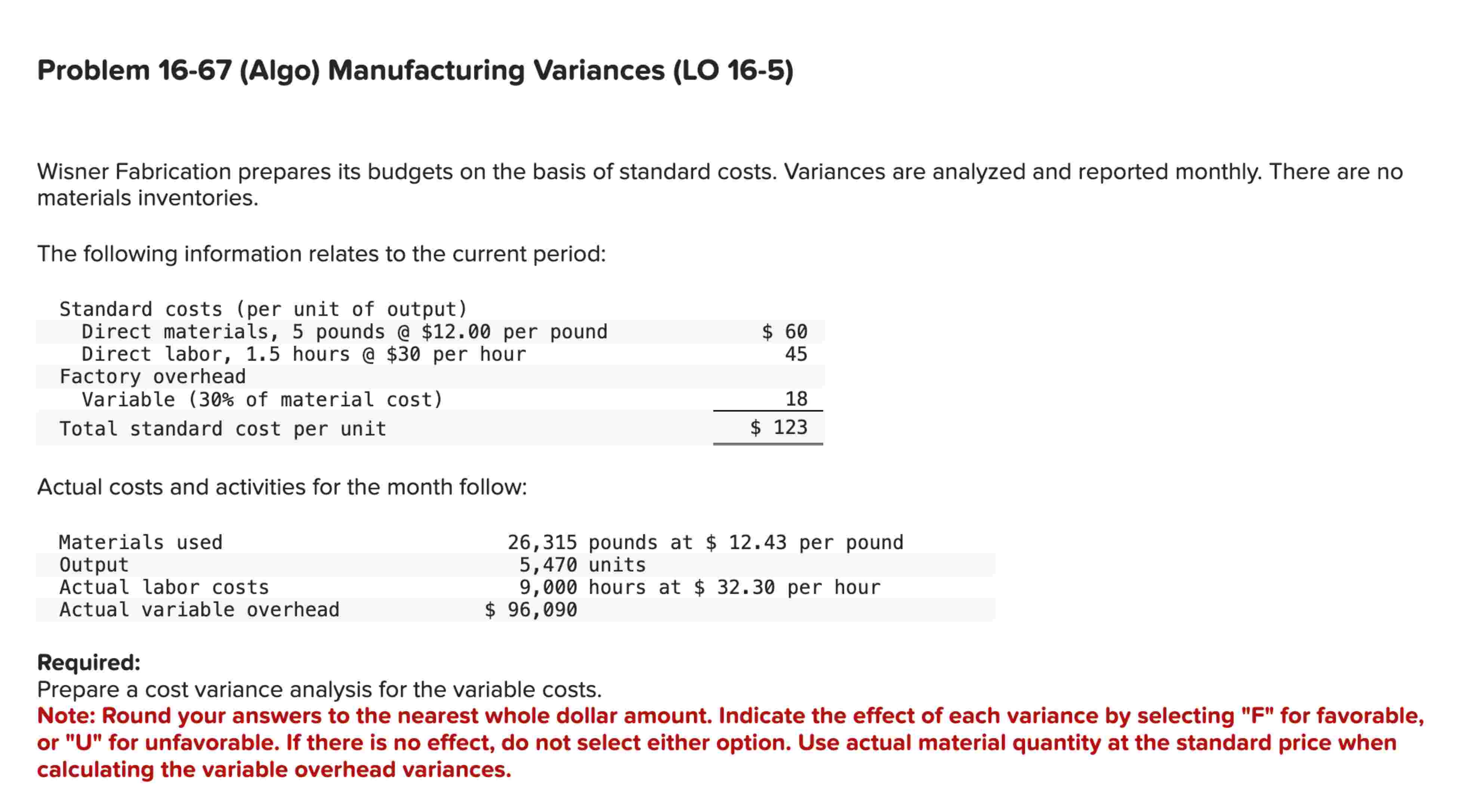 Solved Problem 16-67 (Algo) ﻿Manufacturing Variances (LO | Chegg.com