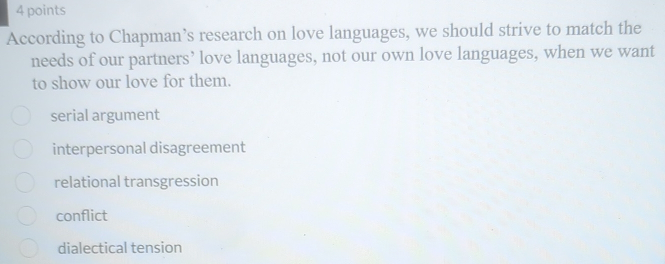 Solved 4 ﻿pointsAccording to Chapman's research on love | Chegg.com