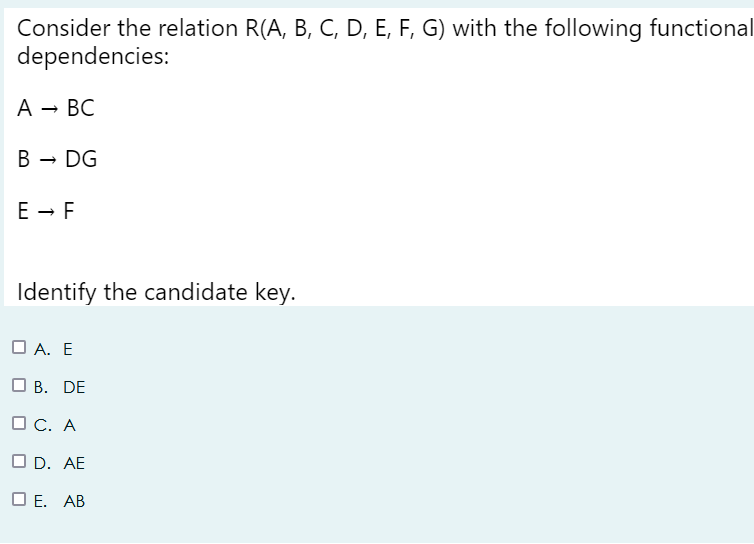 Solved Consider the relation R(A,B,C,D,E,F,G) ﻿with the | Chegg.com