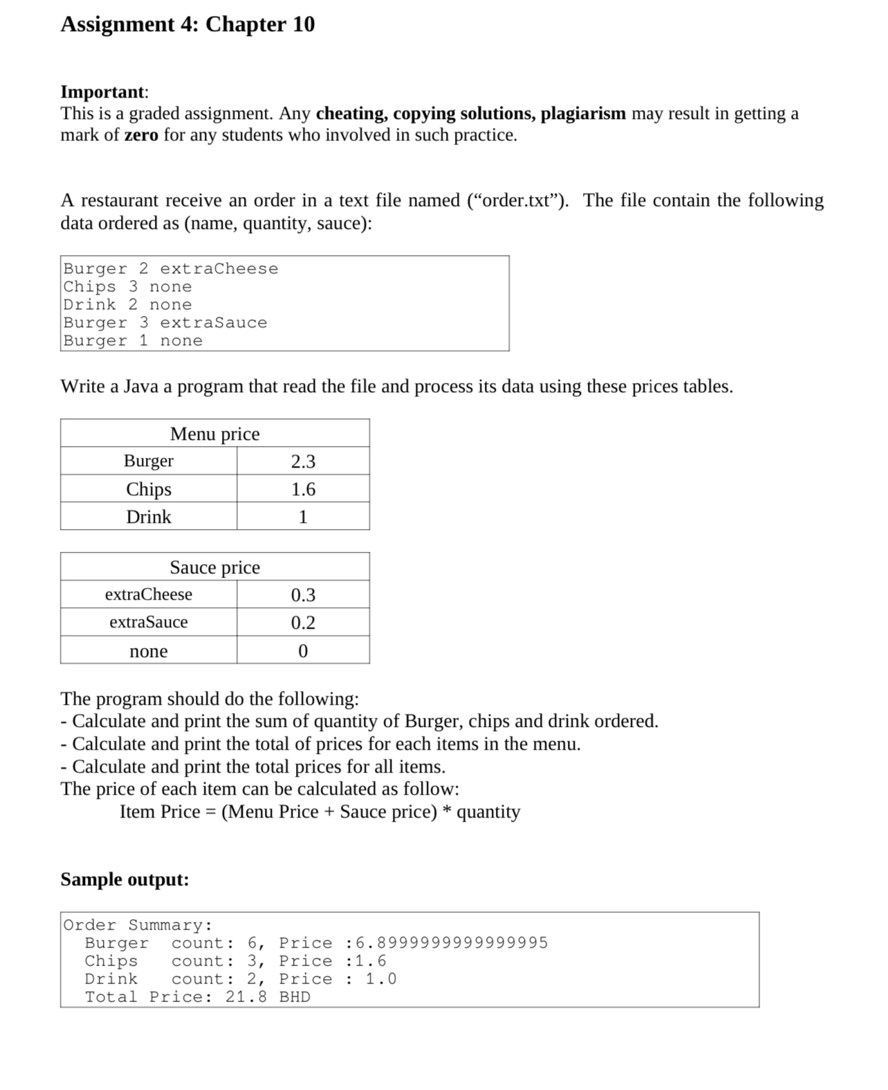 Solved A restaurant receive an order in a text file named | Chegg.com
