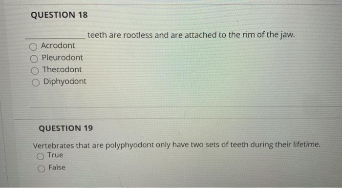 Solved QUESTION 18 teeth are rootless and are attached to | Chegg.com