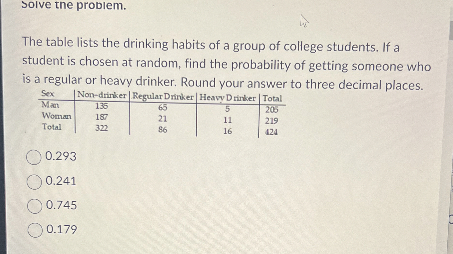 Solved solve the problem.The table lists the drinking habits | Chegg.com