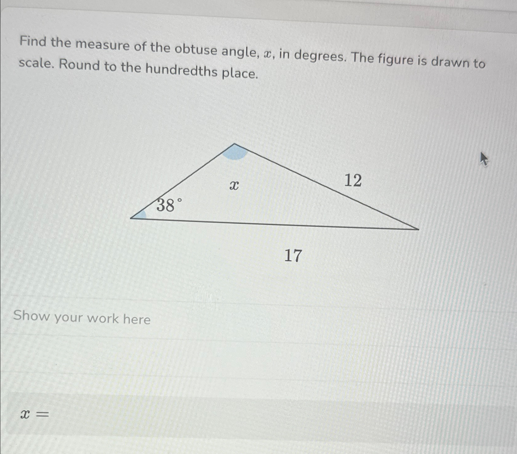 Solved Find the measure of the obtuse angle, x, ﻿in degrees. | Chegg.com