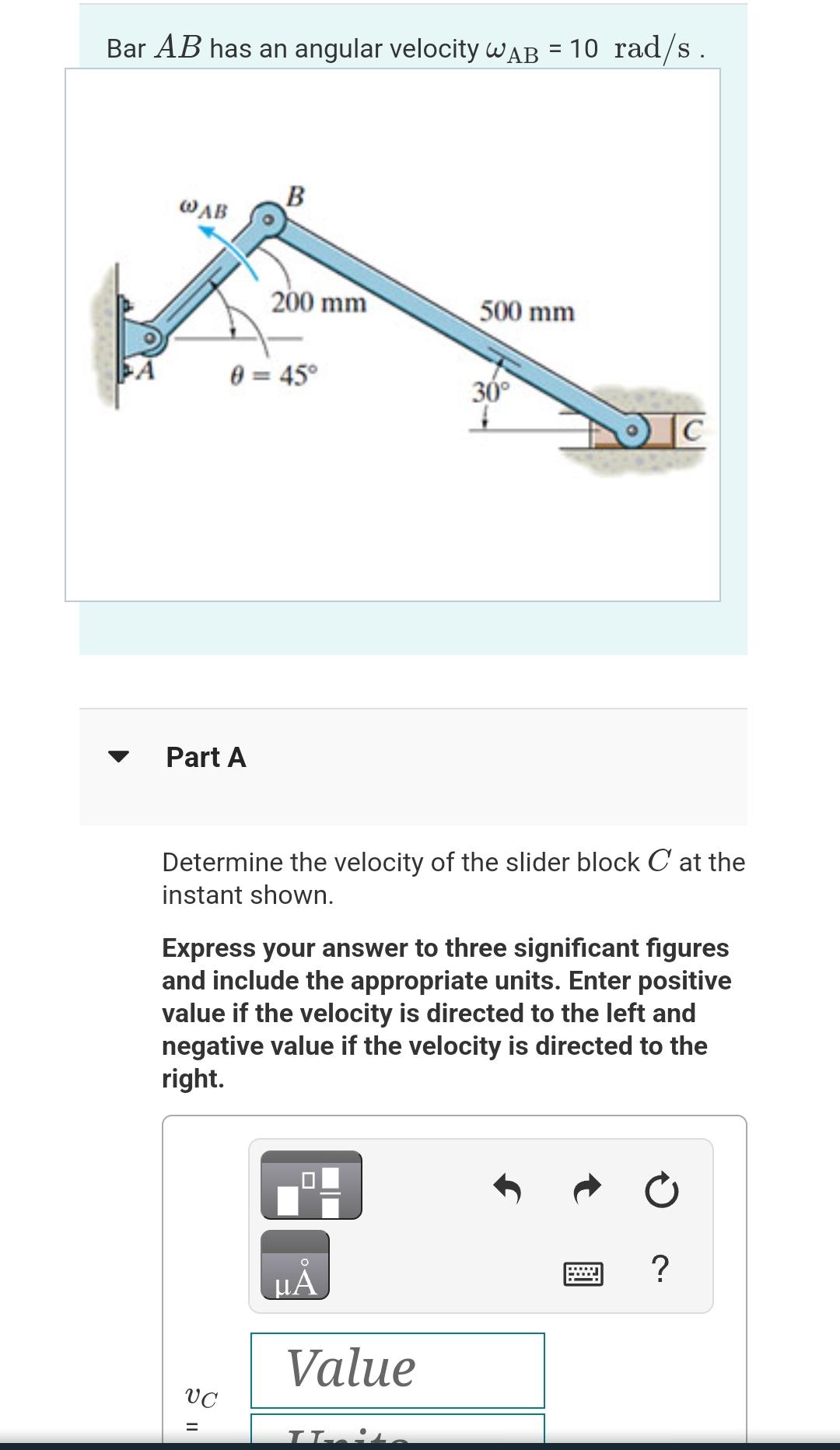Bar AB ﻿has an angular velocity ωAB=10rads.Part | Chegg.com