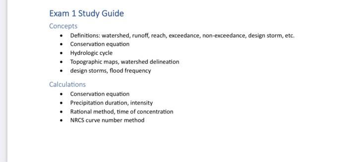 Solved Exam 1 Study Guide Concepts - Definitions: watershed, | Chegg.com