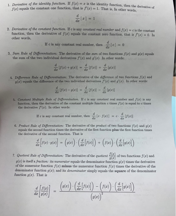 Solved 1 Derinative of the identity function. If f(z) =I is | Chegg.com