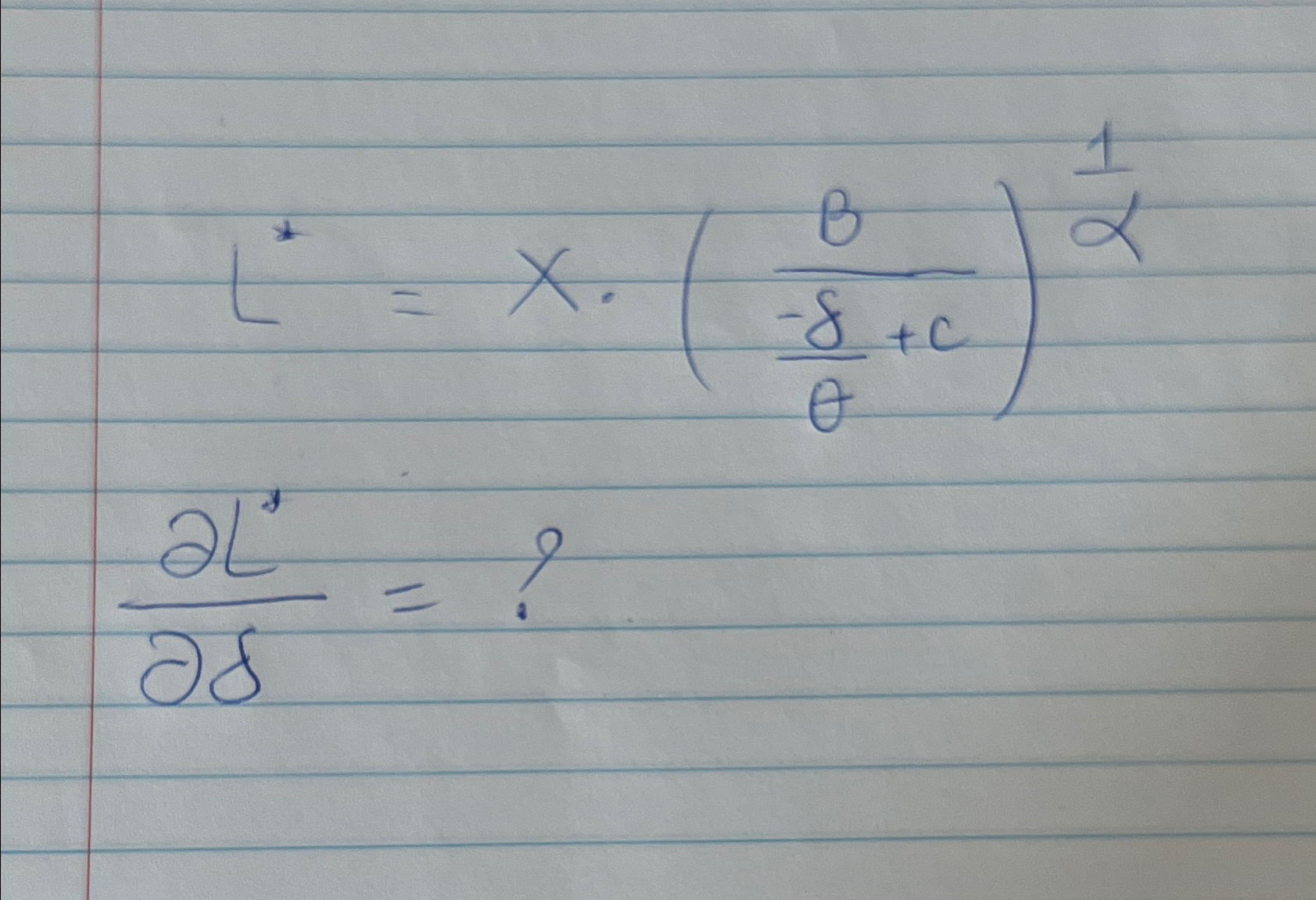 Solved L**=x*(β-δθ+c)1αdelL**delδ= | Chegg.com