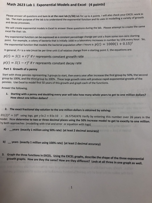 Solved Math 2623 Lab 1 Exponential Models and Excel (4 | Chegg.com