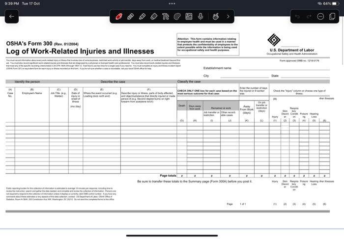 OSHA's Form 300A (Riev. 042004) Summary of | Chegg.com