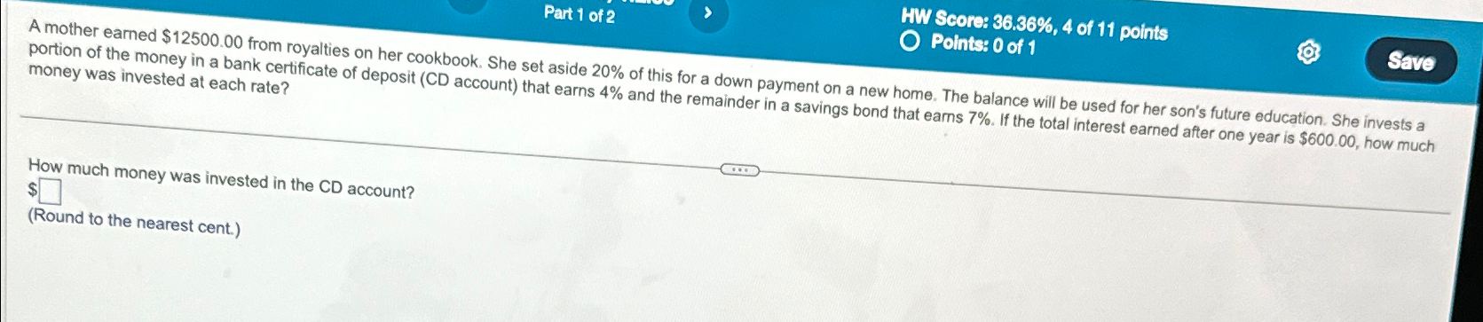 Solved Part 1 ﻿of 2HW Score: 36.36%,4 ﻿of 11 ﻿pointsPoints: | Chegg.com