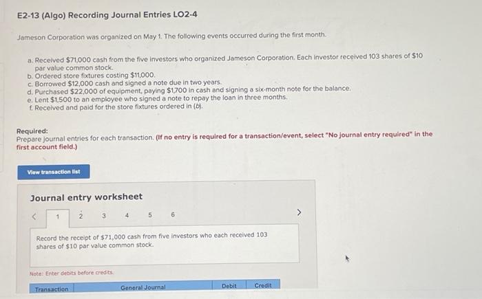 Solved E2-13 (Algo) Recording Journal Entries LO 2-4 Jameson | Chegg.com Solved E2-13 (Algo) Recording Journal Entries LO 2-4 Jameson | Chegg.com