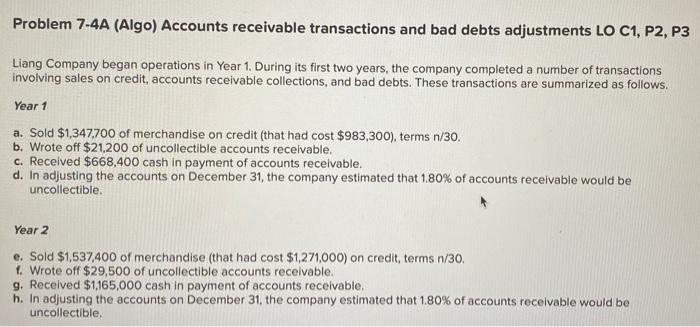 Solved Problem 7-4A (Algo) Accounts receivable transactions | Chegg.com