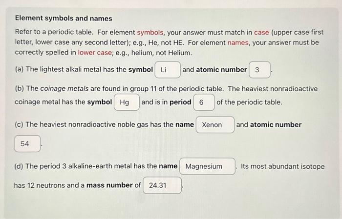 Element symbols and names Refer to a periodic table. | Chegg.com