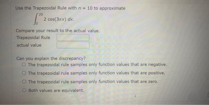 Solved Use the Trapezoidal Rule with n=10 to approximate | Chegg.com