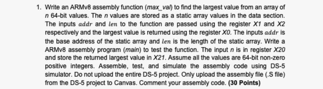 Solved 1. Write an ARMv8 assembly function (max_val) to find | Chegg.com