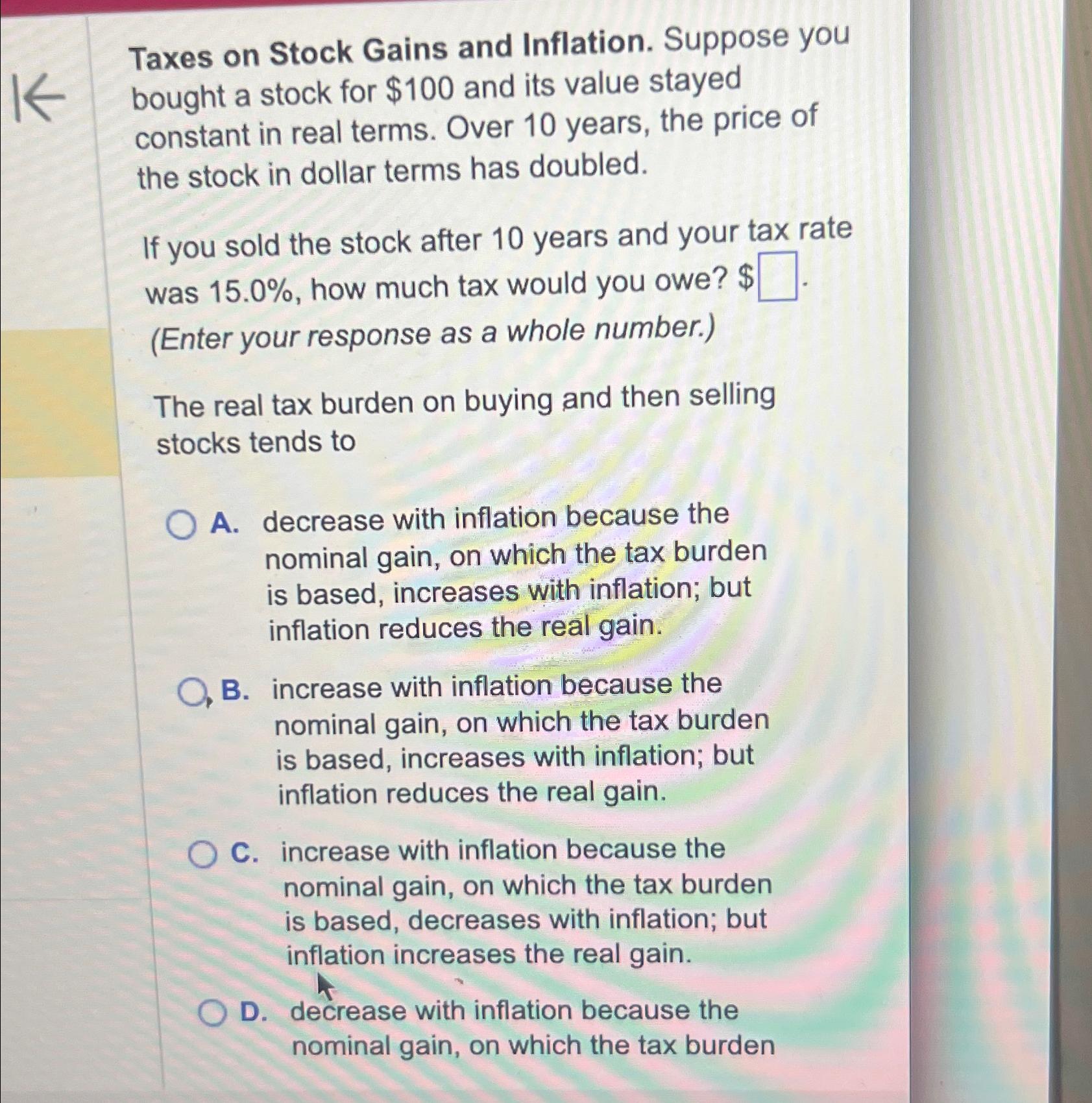 Solved Taxes on Stock Gains and Inflation. Suppose you | Chegg.com
