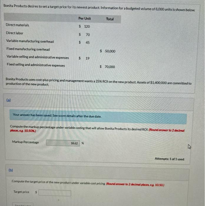 Solved Bonita Products Desires To Set A Target Price For Its Chegg