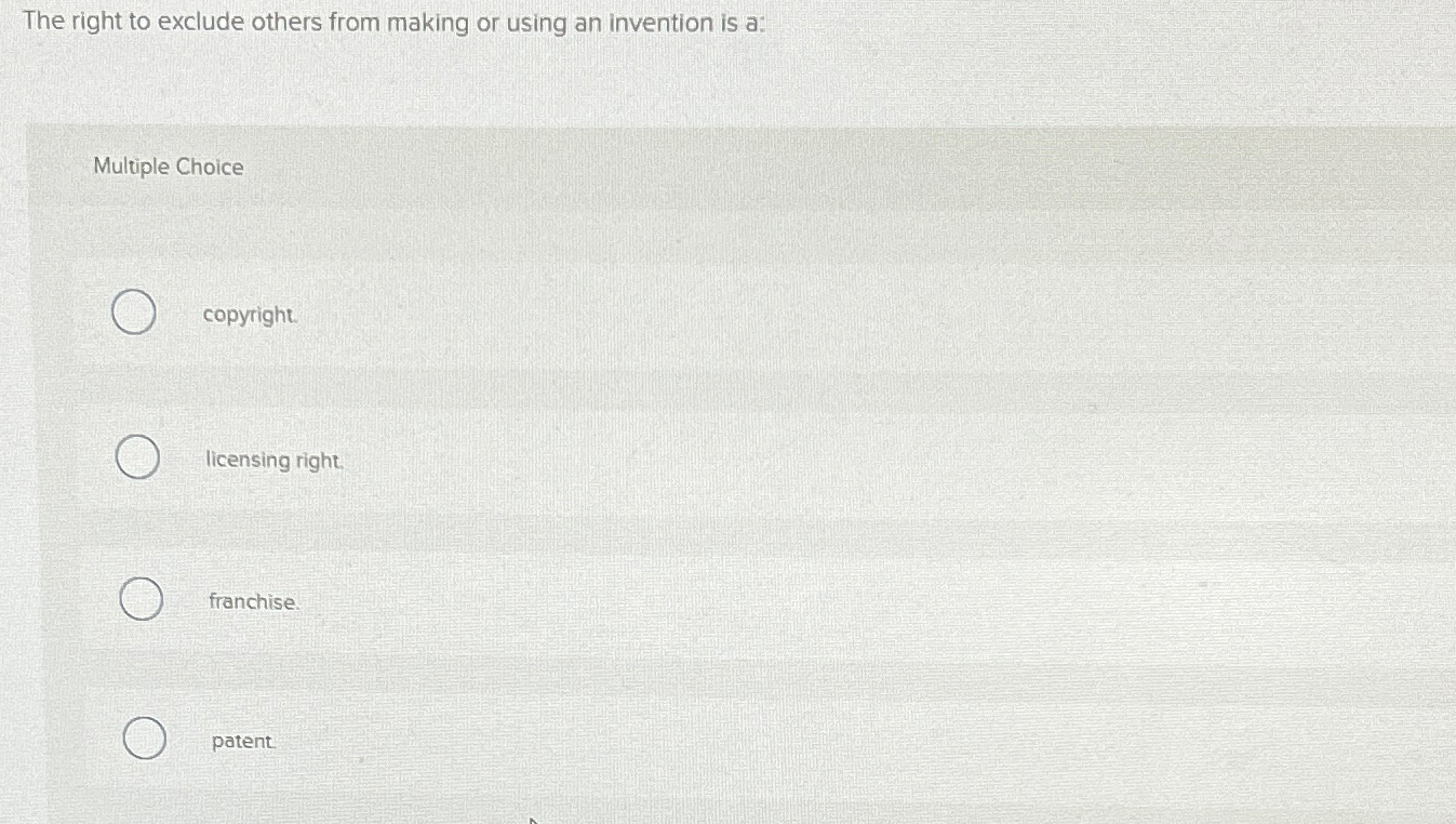 Solved The right to exclude others from making or using an | Chegg.com