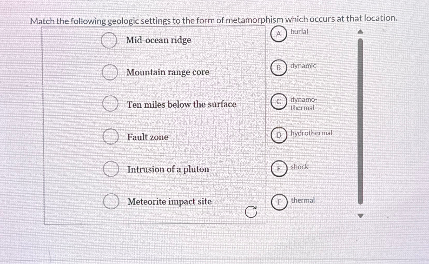 Solved Match the following geologic settings to the form of | Chegg.com