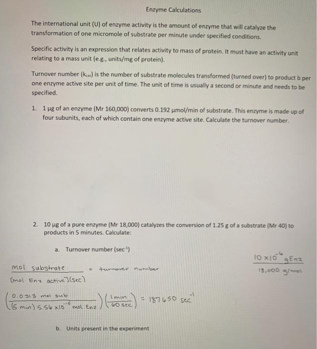 Solved Enzyme Calculations The international unit (U) of | Chegg.com