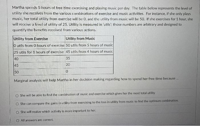 Solved Martha spends 5 hours of free time excrcising and | Chegg.com