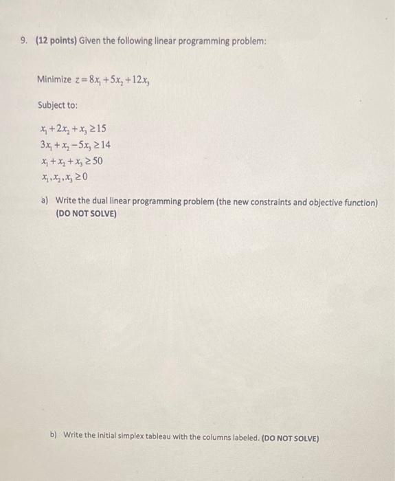 Solved 9. (12 points) Given the following linear programming | Chegg.com