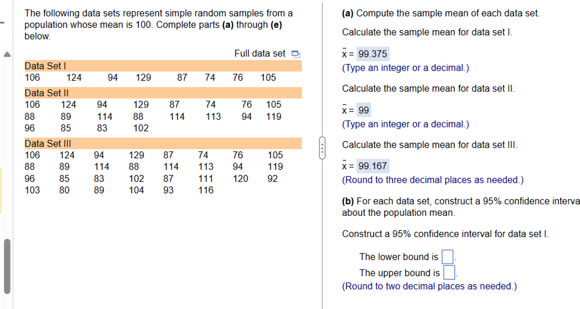 Solved The following data sets represent simple random | Chegg.com