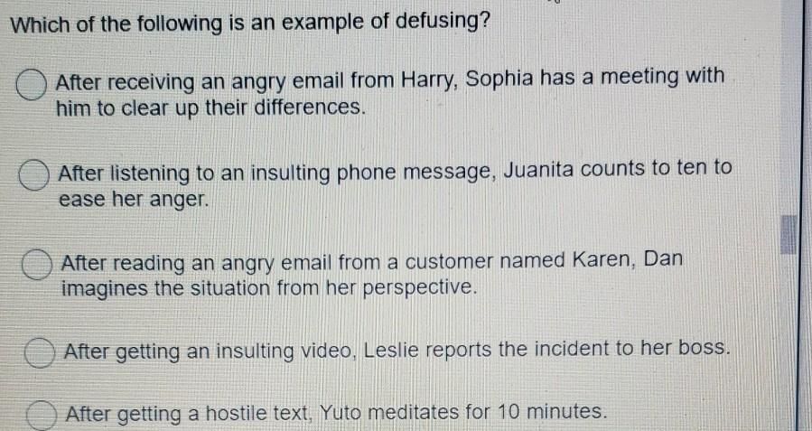 Solved Which of the following is an example of defusing? | Chegg.com