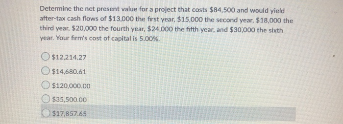 Solved Determine the net present value for a project that | Chegg.com