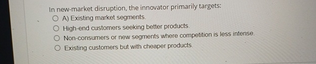 Solved In new-market disruption, the innovator primarily | Chegg.com