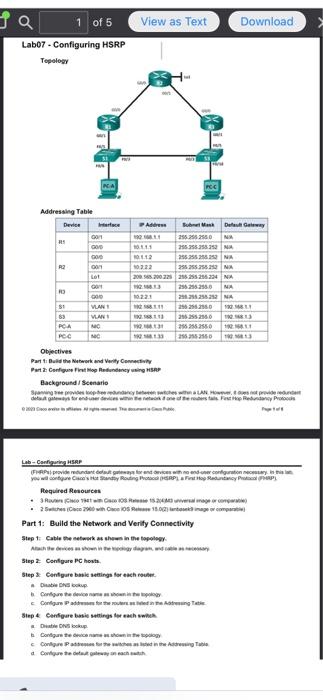 Solved Lab07 - Configuring HSRP Tepuloger Achidwavalew | Chegg.com