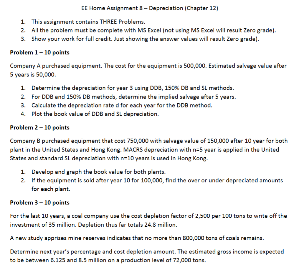 Solved EE Home Assignment 8 - ﻿Depreciation (Chapter 12) 1. | Chegg.com