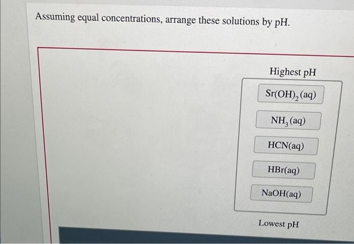 Solved Assuming equal concentrations, arrange these | Chegg.com