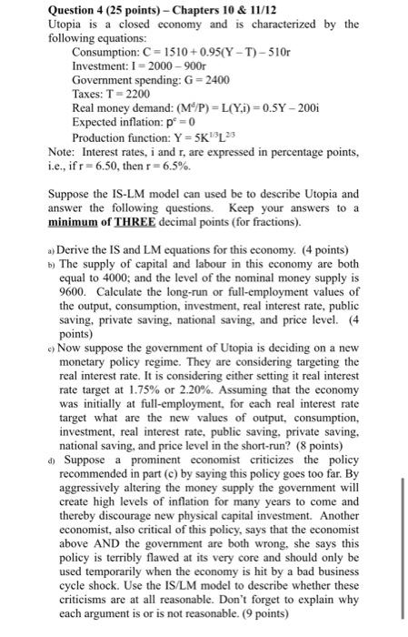 Solved Question 4 (25 points) - Chapters 10 & 11/12 Utopia | Chegg.com