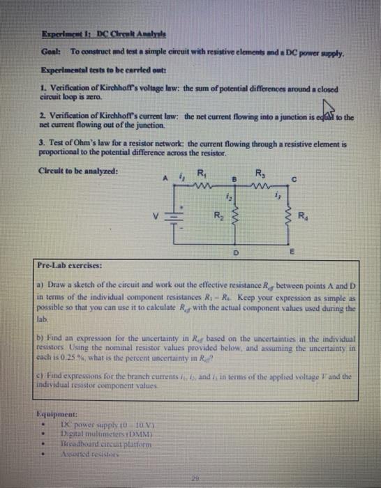 Experiment 1: DC Circuk Analys Goal: to construct and | Chegg.com