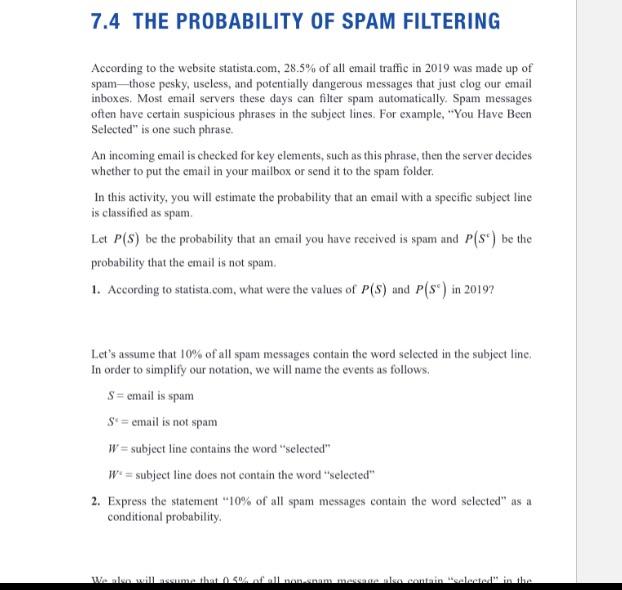 Solved 7.4 THE PROBABILITY OF SPAM FILTERING According to | Chegg.com