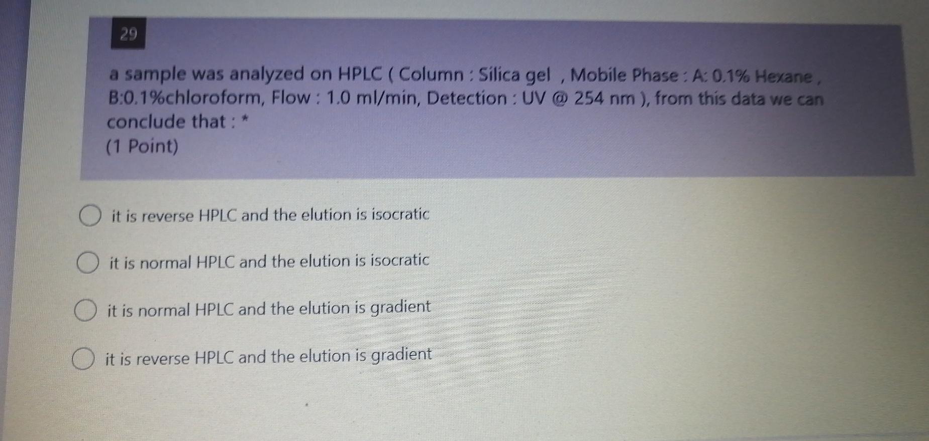 Solved 29 a sample was analyzed on HPLC (Column: Silica gel | Chegg.com