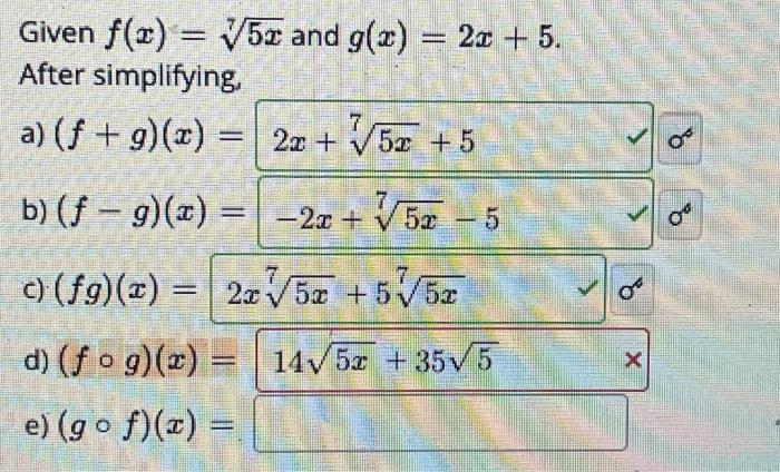 Solved Given f(x)=75x and g(x)=2x+5 After simplifying, a) | Chegg.com