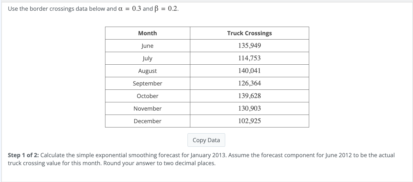 Solved Use the border crossings data below and α=0.3 ﻿and | Chegg.com