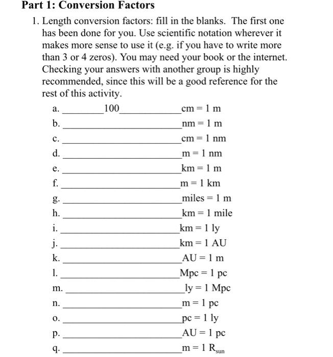 Solved a. c. Part 1: Conversion Factors 1. Length conversion | Chegg.com